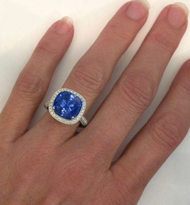 Large Cushion Cut Ceylon Sapphire And Filigree Diamond Halo Engagement Large Cushion Cut Ceylon Sapphire And Filigree Diamond Halo Engagement
